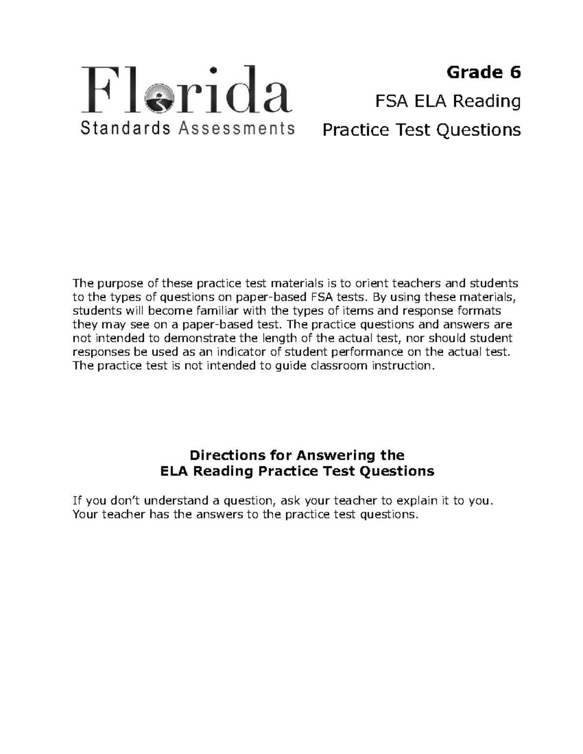 Grade 6 FSA ELA Reading Practice Test: Moon Trees & Adventure - Studocu
