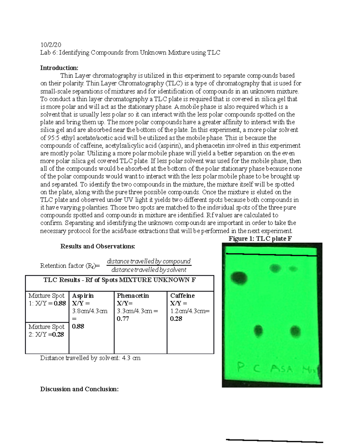 Lab 6 Report Identification of compounds from unknown mixture - 10/2 ...