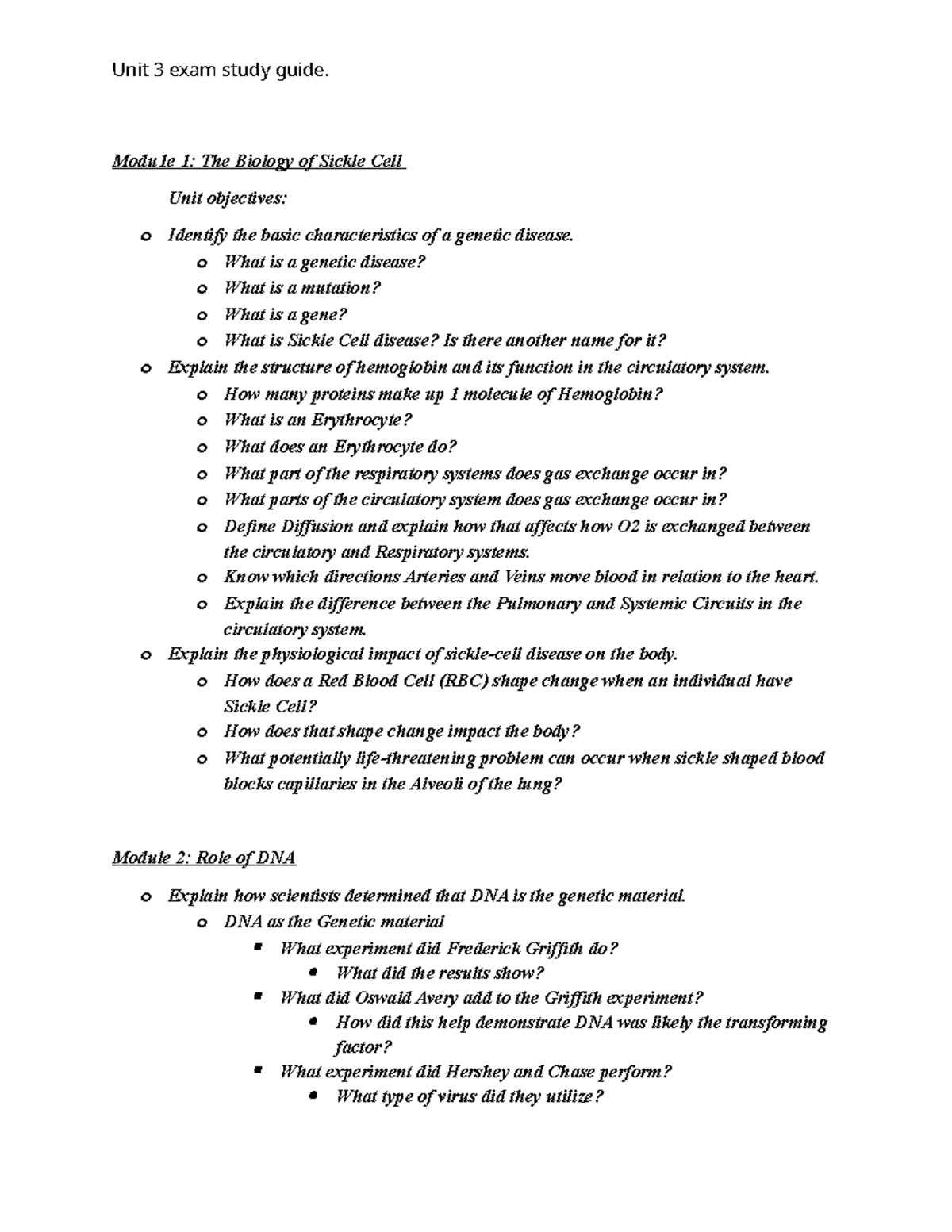 Unit 3 Exam Study Guide: Sickle Cell & Genetic Diseases Review - Studocu