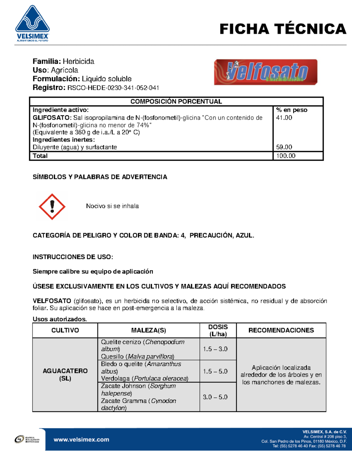 Ficha Técnica del Herbicida Velfosato: Composición y Uso Agrícola - Studocu