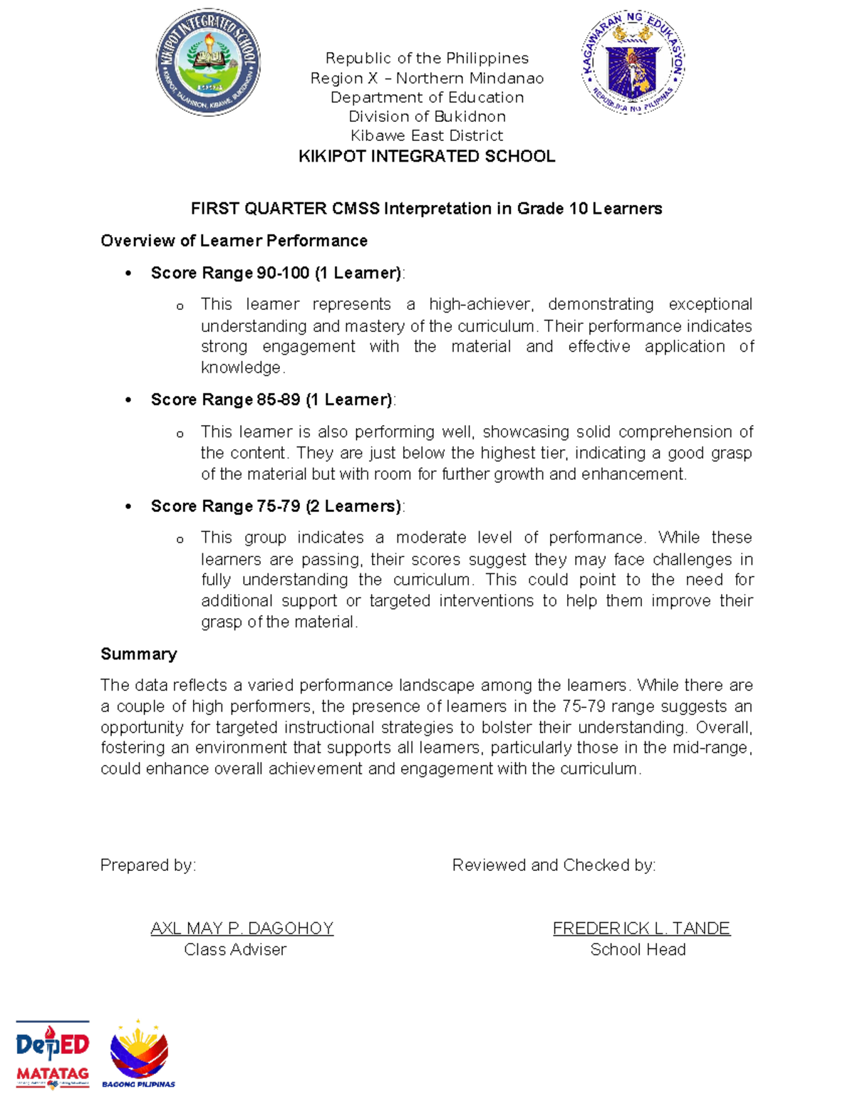 CMSS Interpretation for Grade 10 Learners - Q1 Overview Analysis - Studocu