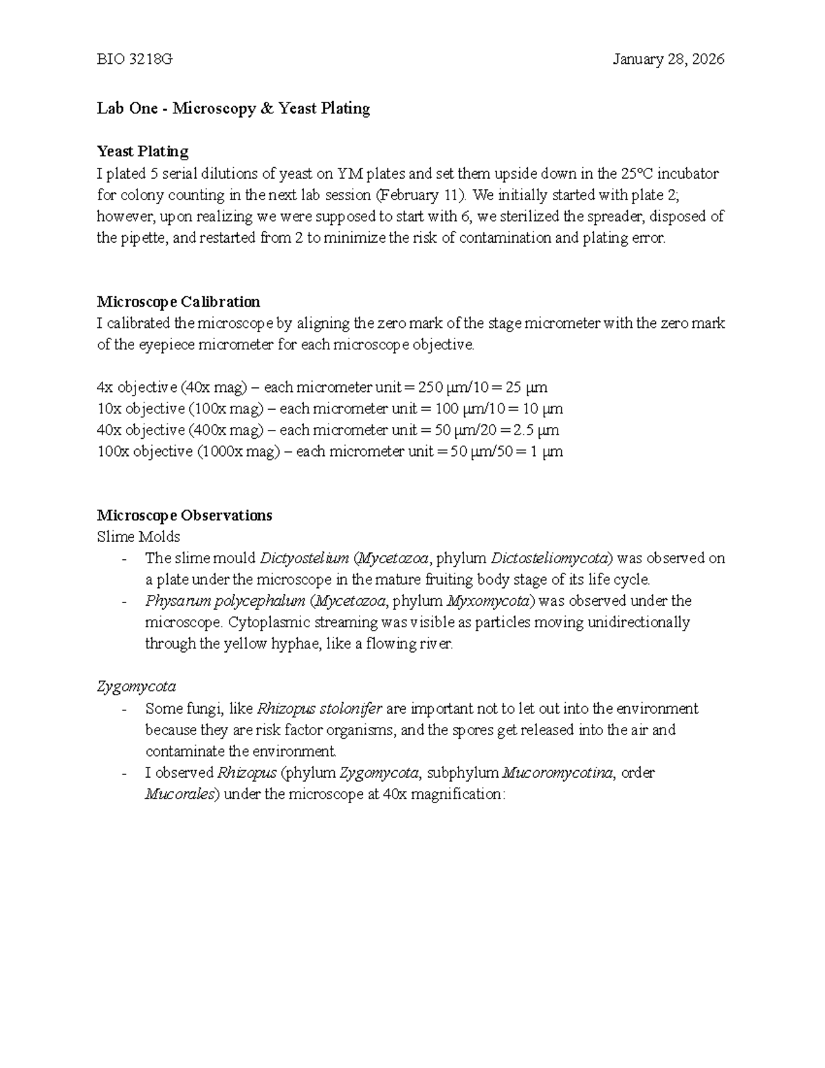 BIO 3218G Lab One: Microscopy & Yeast Plating Observations - Studocu