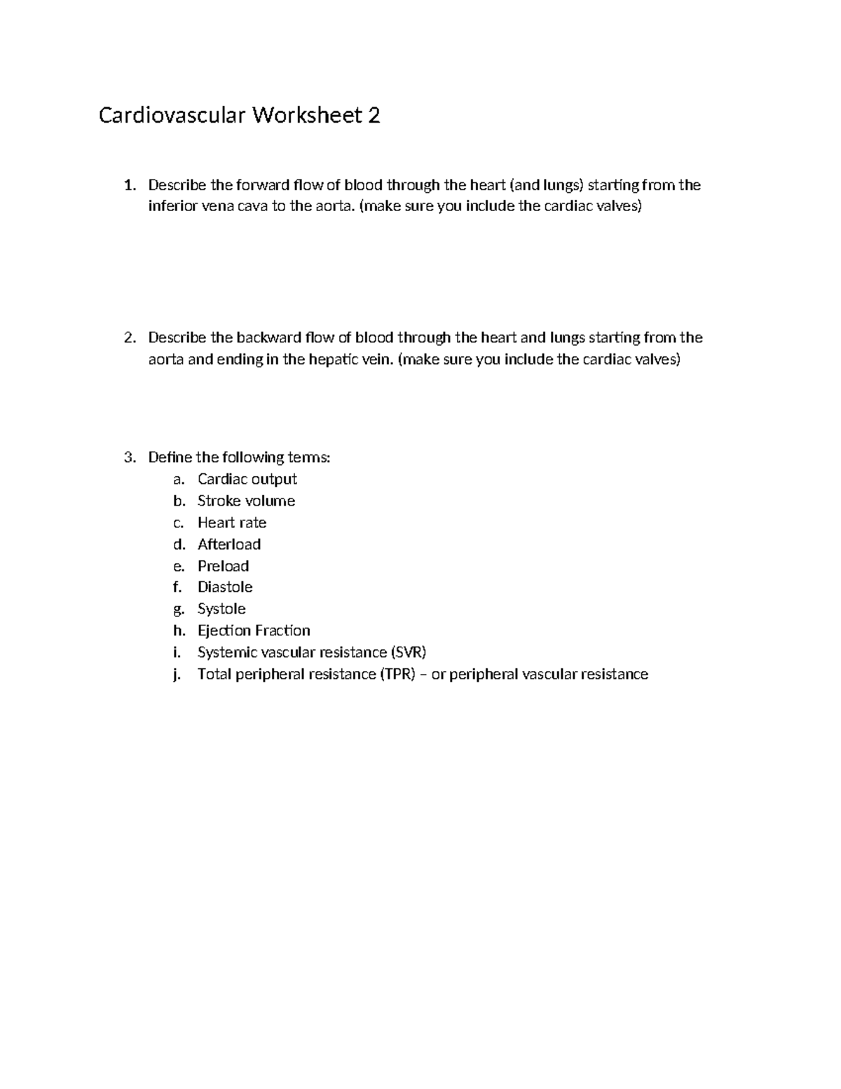 Cardiovascular Worksheet 2 - Describe the forward flow of blood through ...