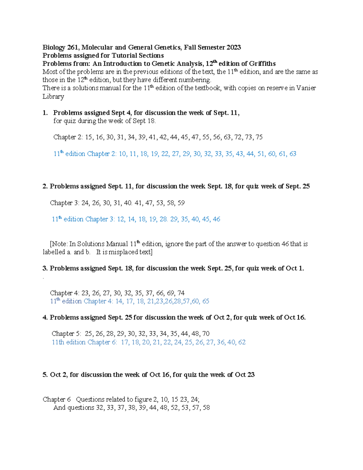 BIOL 261 Fall 2023 Tutorial Problems and Assignments Overview - Studocu