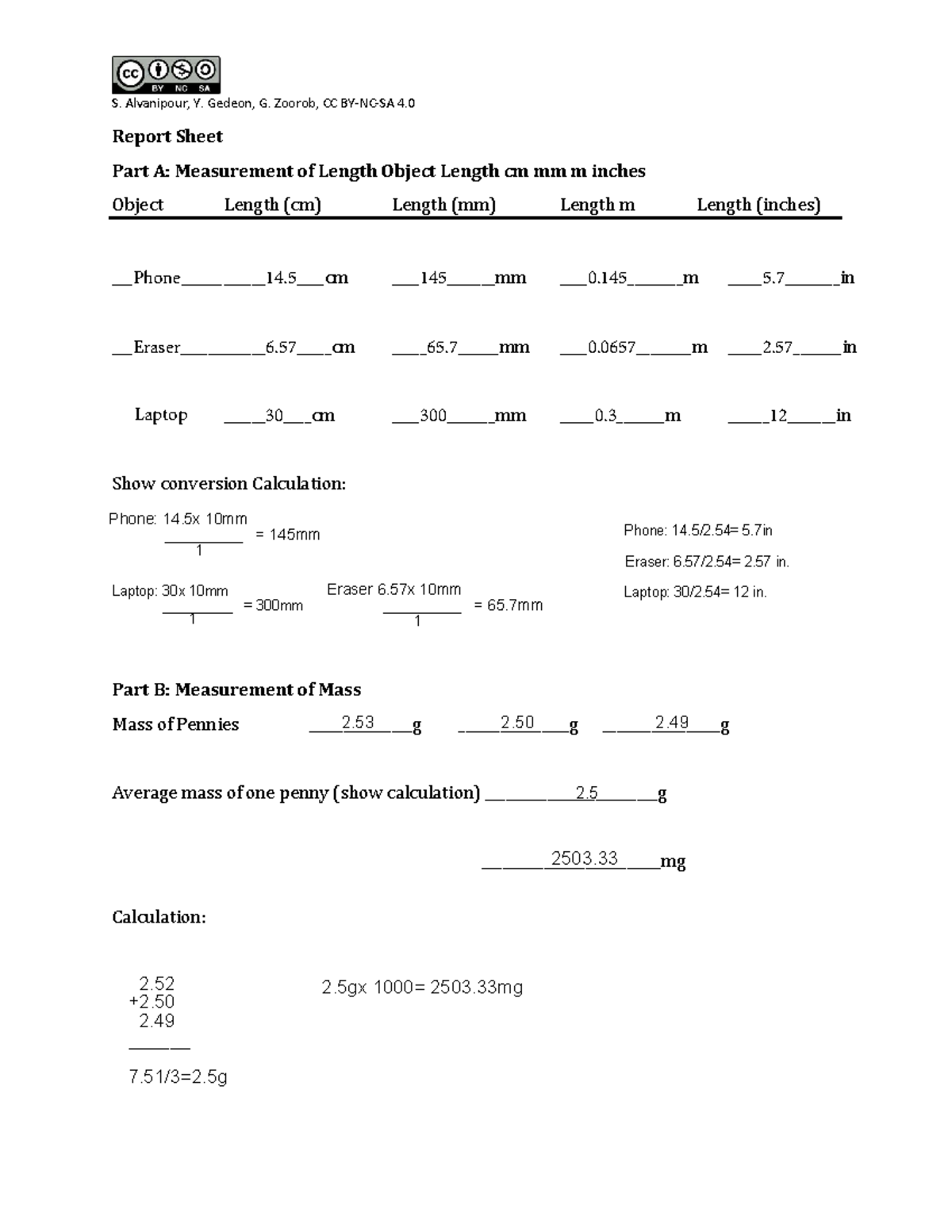 Lab Report Ex. 1: Length, Mass, Volume & Density Measurements - Studocu