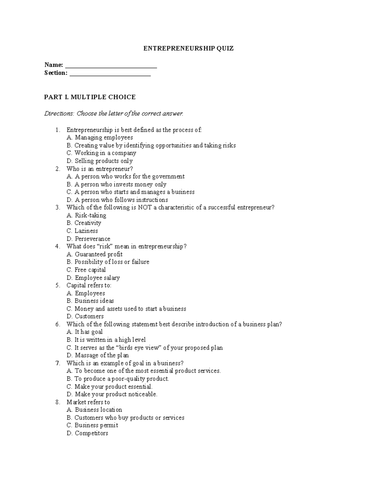 ENTREPRENEURSHIP QUIZ (Final Exam) - Answer Key Included - Studocu