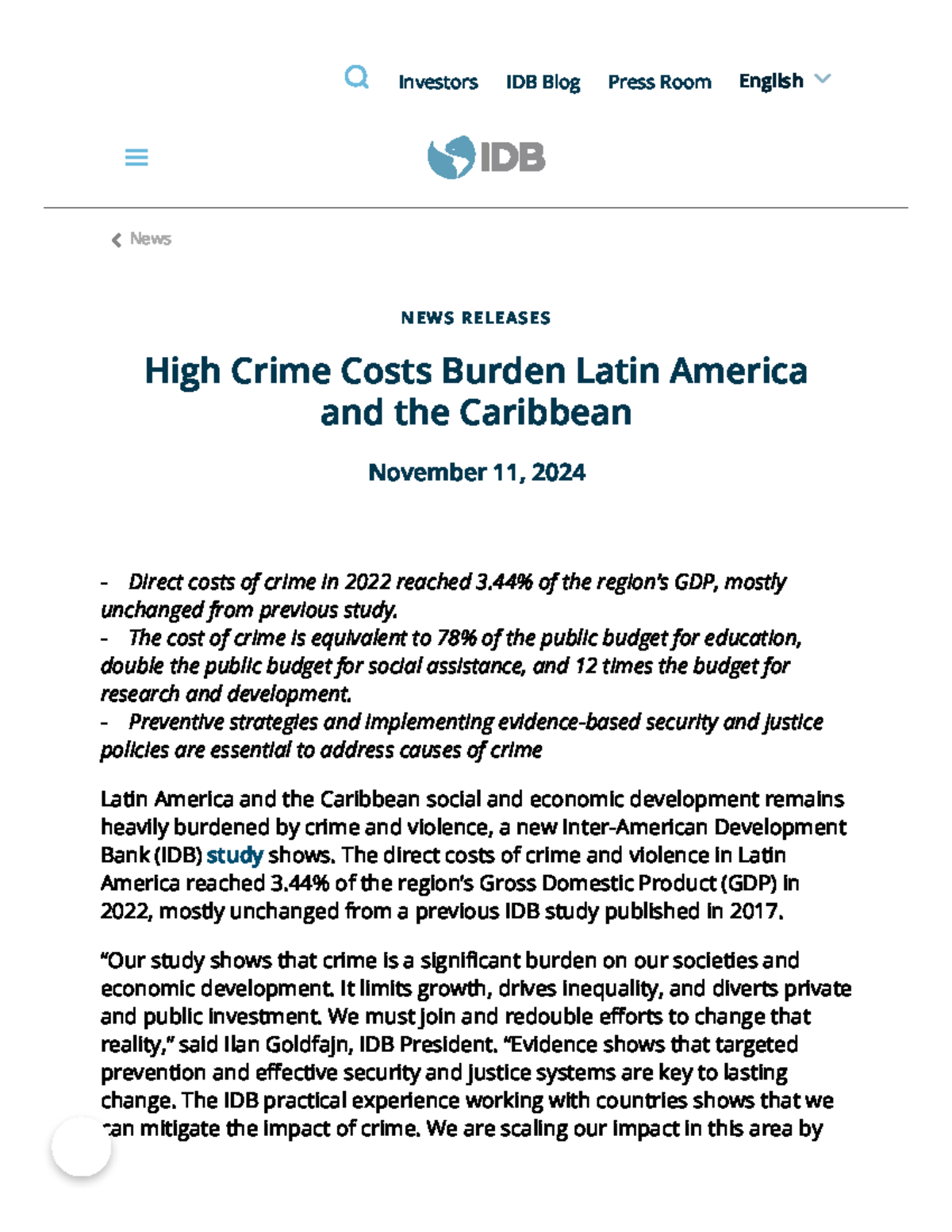 IDB Study: High Crime Costs Impacting Latin America & Caribbean - Studocu