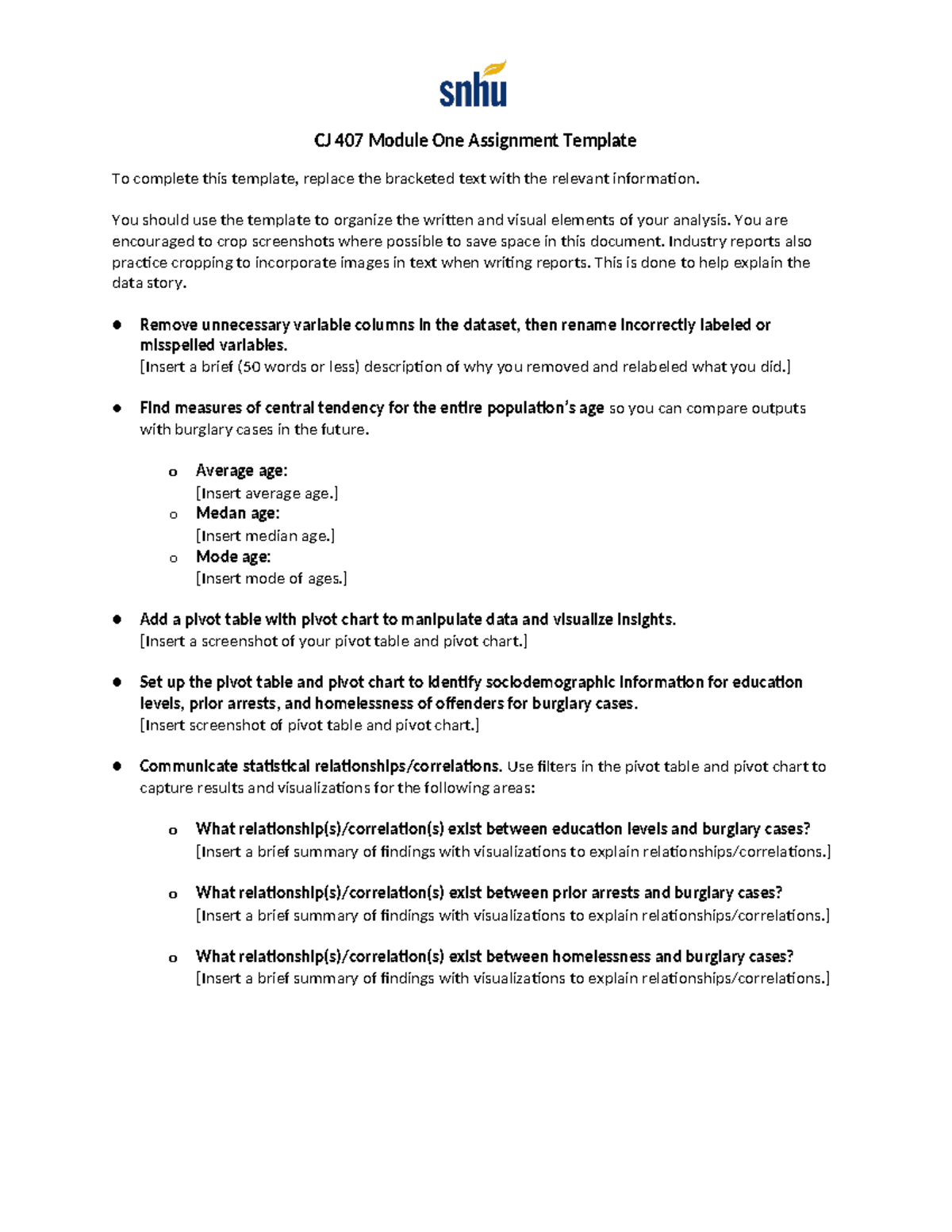 CJ 407 Module One Assignment Template Guide for Data Analysis - Studocu