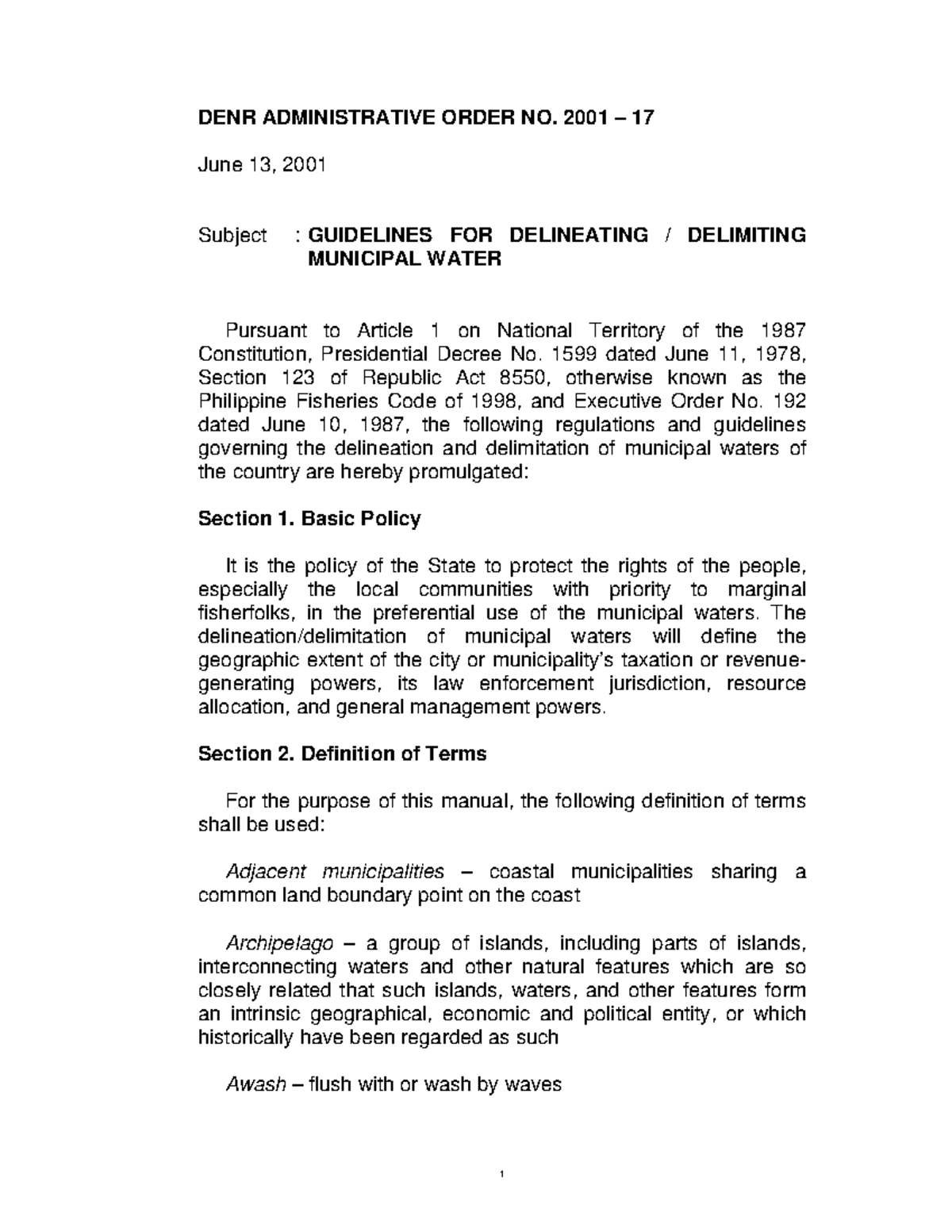 DAO 2001-17: Guidelines for Delineating Municipal Waters - Studocu