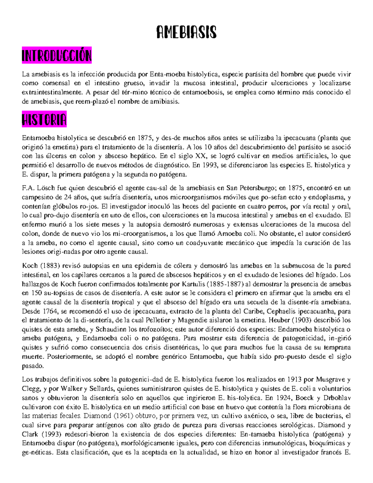 Amebiasis: Historia, Patogénesis y Diagnóstico de E. histolytica - Studocu