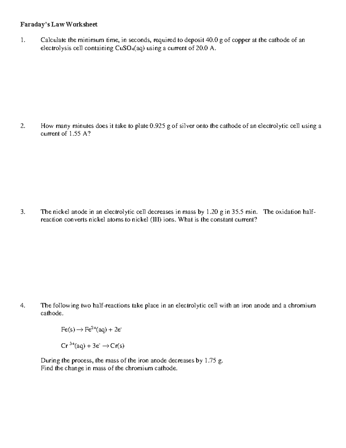 Faraday's Law Worksheet: Electrolysis Calculations and Current Analysis ...