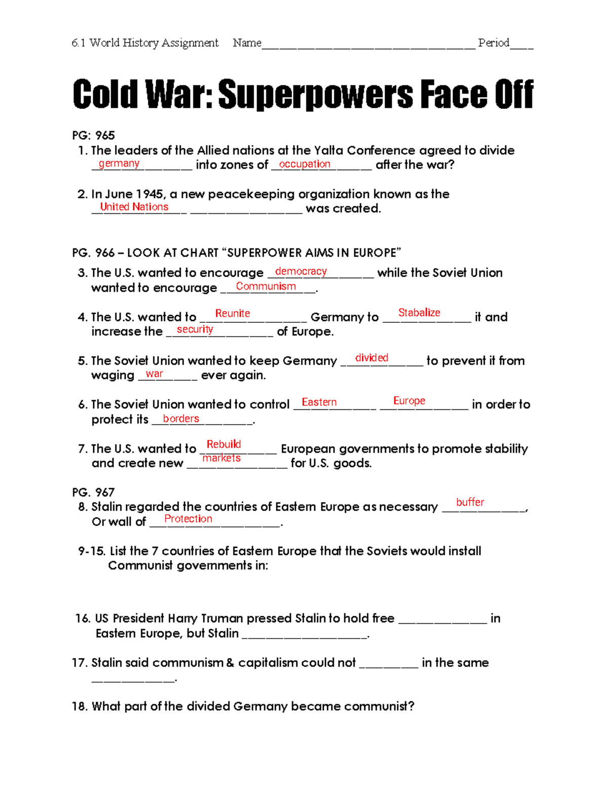 Cold War Superpowers Face Off Questions - 6 World History Assignment ...