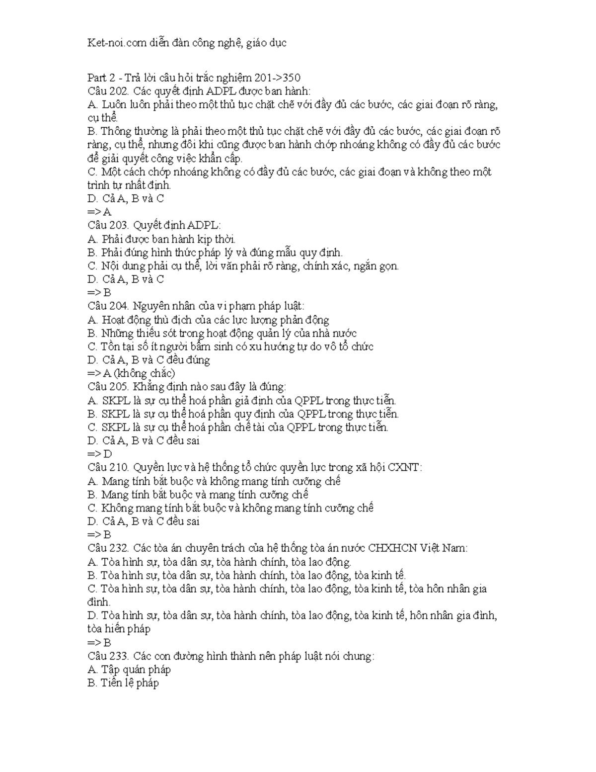 Part 2 co dap an - Trac nghiem on thi giua ki phap luat dai cuong - Part 2 - Trả lời câu hỏi ...