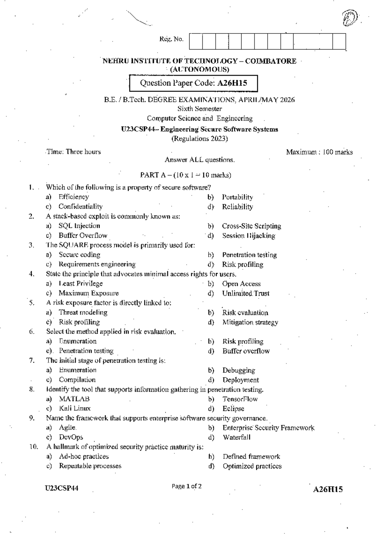U23CSP44 - Engineering Secure Software Systems Exam Paper April-May ...