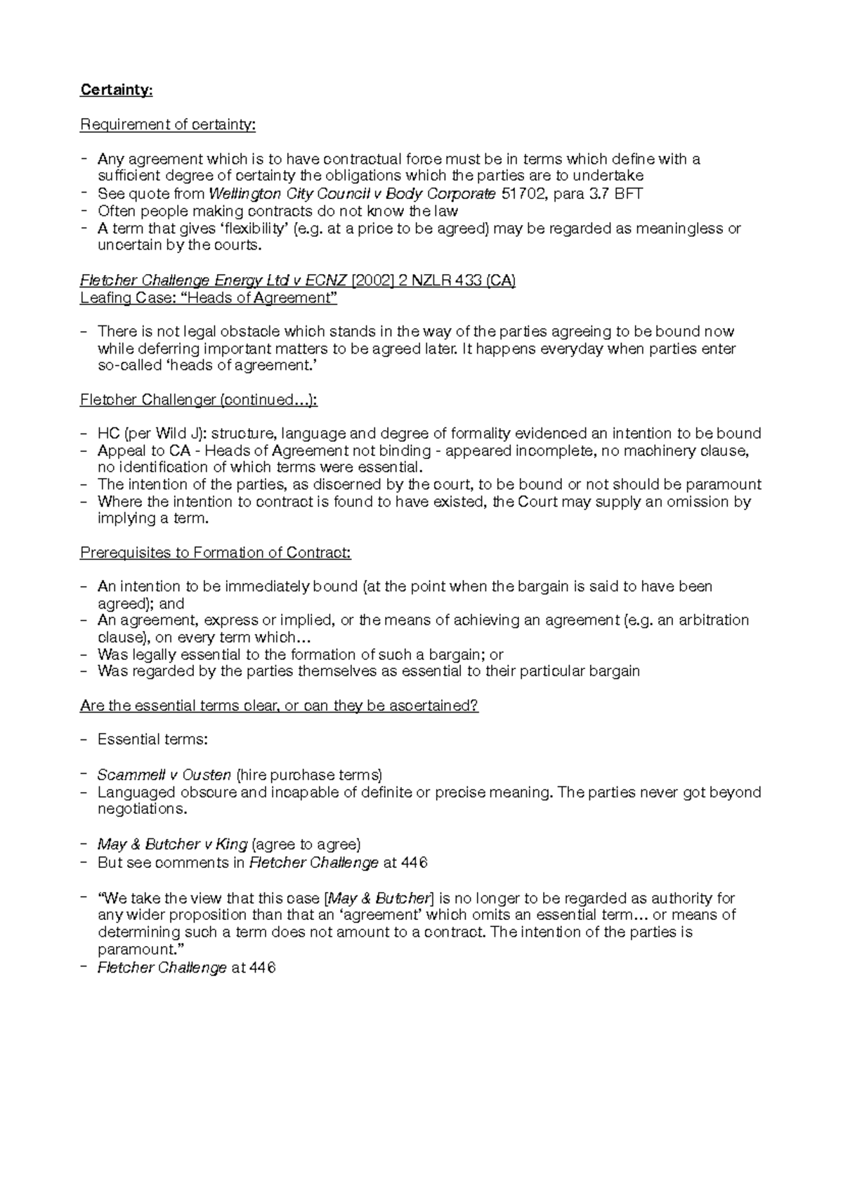 Contract Law: Certainty - Lecture Notes Overview (Course Code) - Studocu