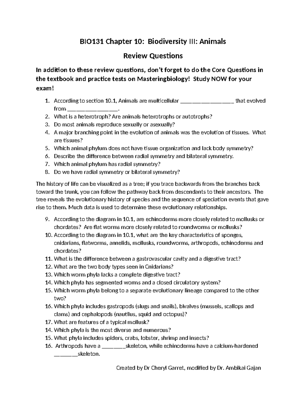 BIO131 Chapter 10: Review Questions on Animal Biodiversity - Studocu