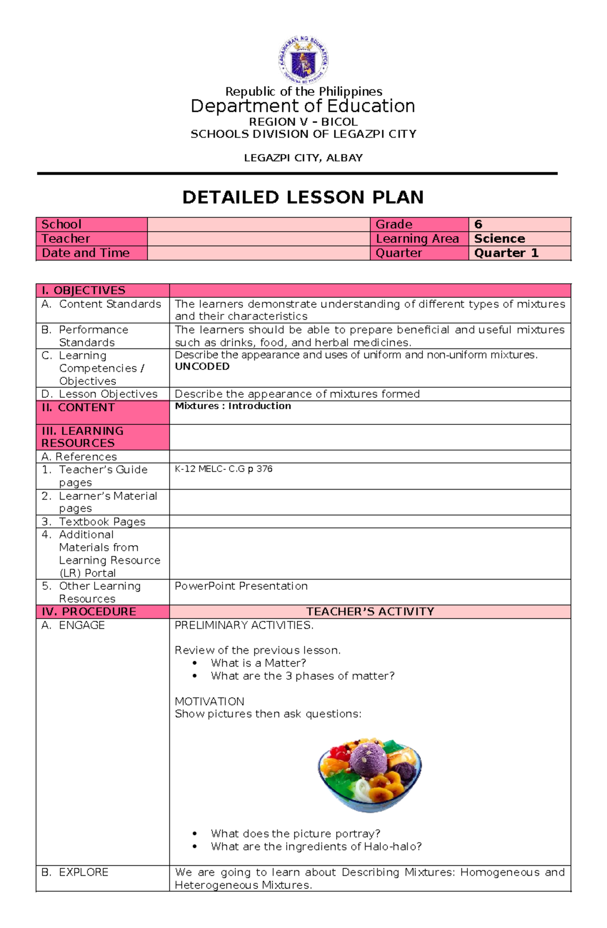 Science 6 Q1-W1-D2: Detailed Lesson Plan on Mixtures - Studocu