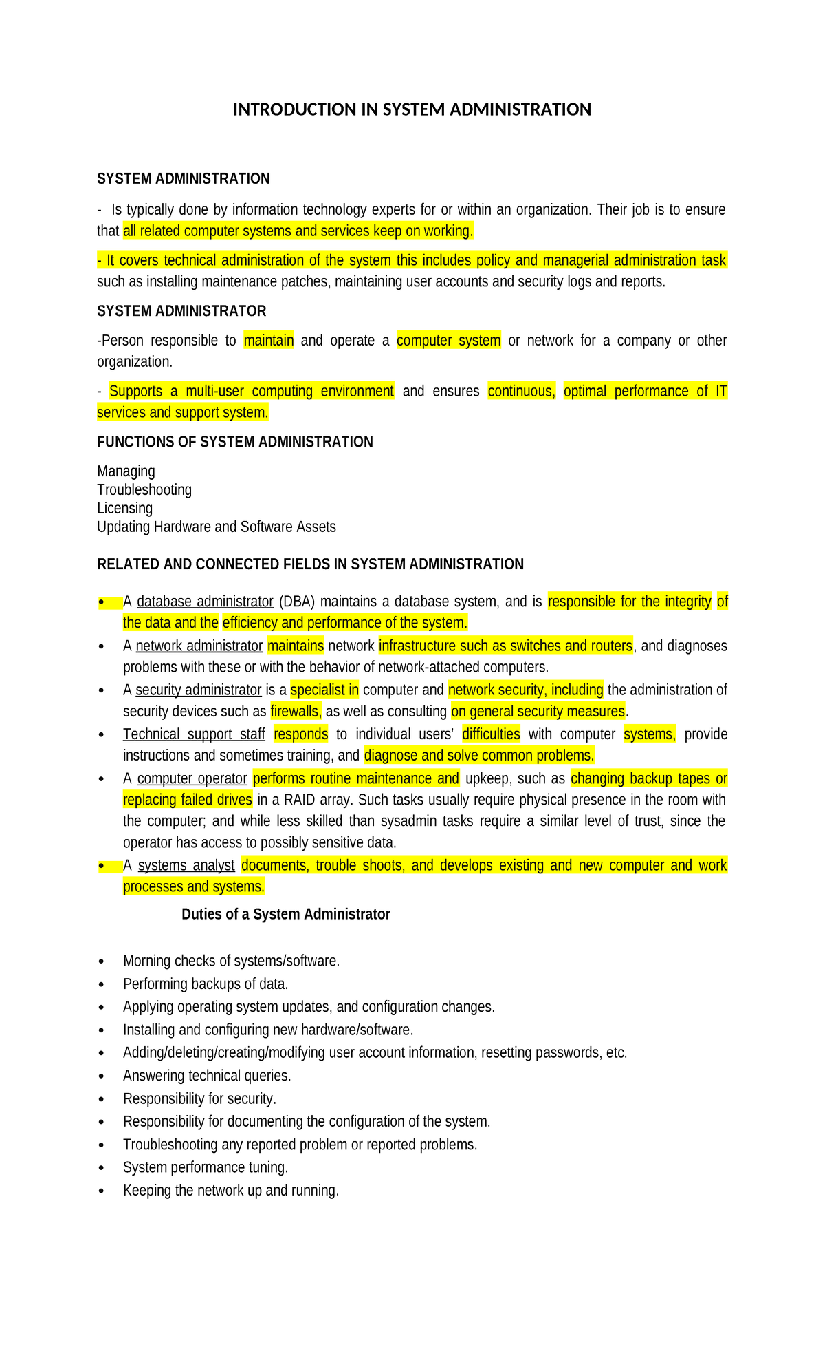 SA101 System Administration Overview and Notes - Studocu