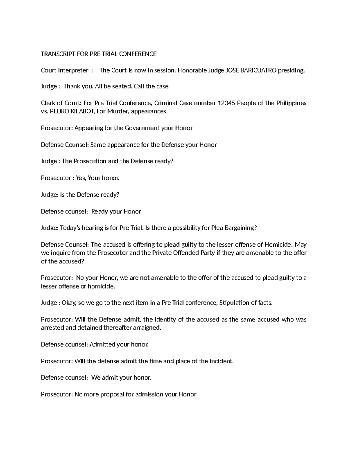 Pre Trial Conference Mock Trial - Criminal Case No. 12345 - Studocu