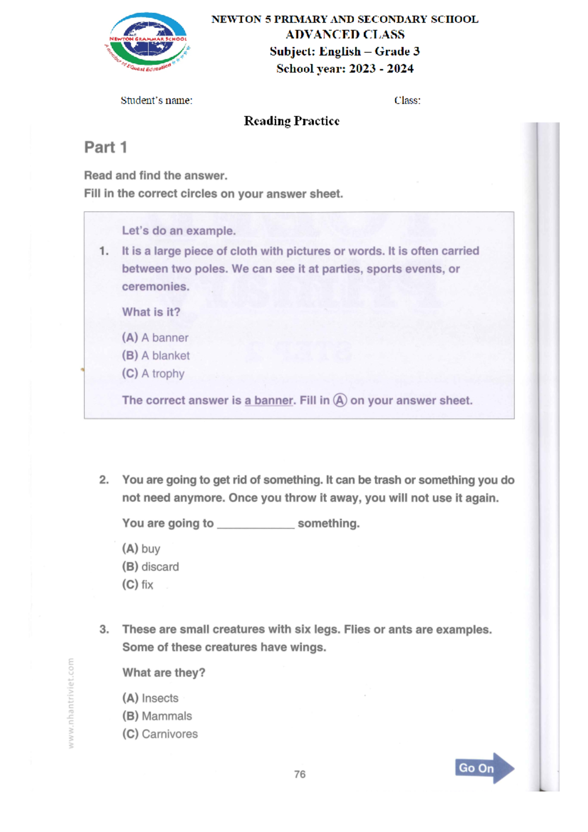 Grade 3 English Reading Practice - Part 1 & 2 (2023-2024) - Studocu