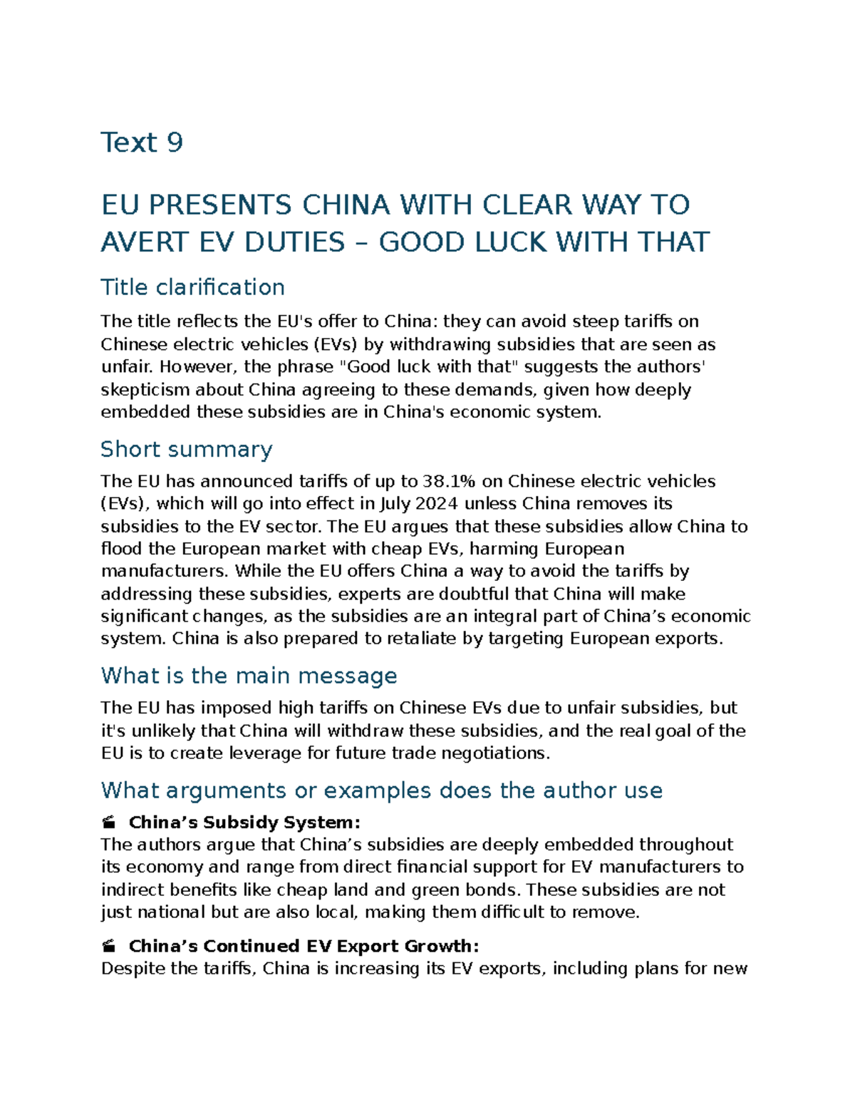 Text 9 - EU's Tariff Strategy on Chinese EVs: Challenges Ahead - Studocu