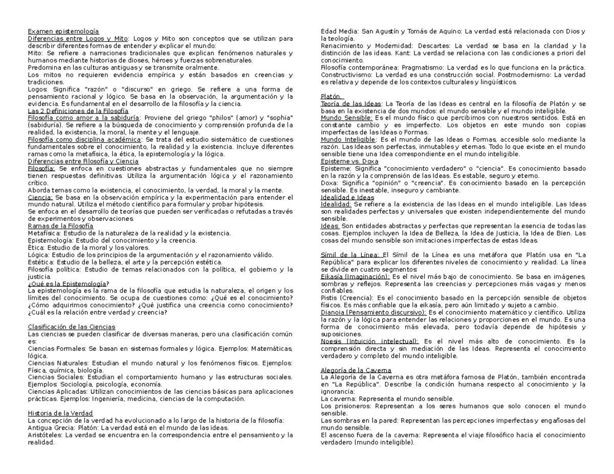 Examen de Epistemología: Logos vs. Mito y Conceptos Clave - Studocu