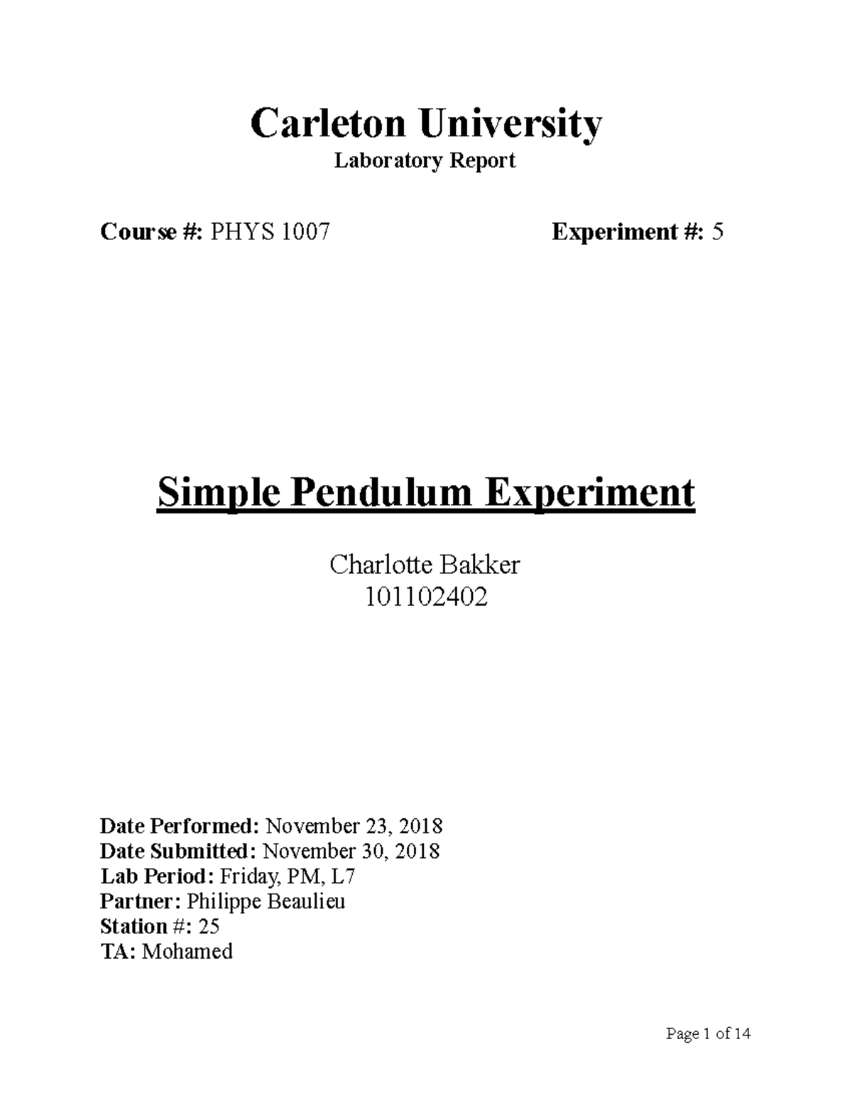 PHYS 1007 Lab Report: Simple Pendulum Experiment Analysis - Studocu