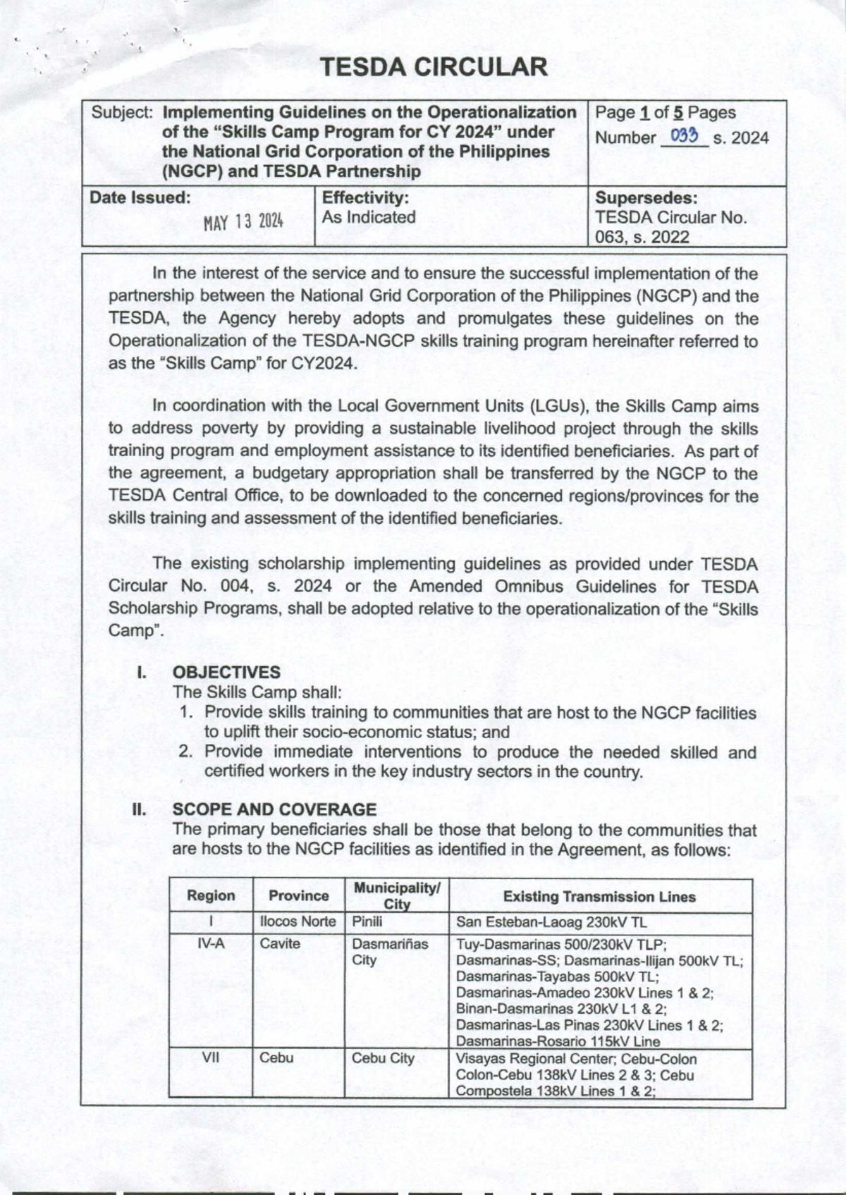 TESDA Circular No. 033-2024: Guidelines for Skills Camp Program ...