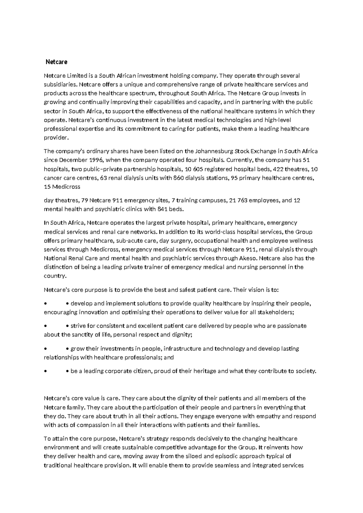 Netcare Limited Overview: A Leader in South African Healthcare - Studocu