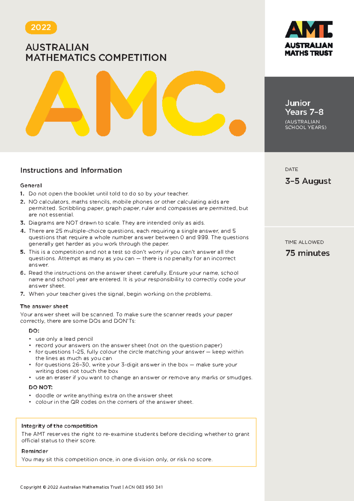 2022 AMC Junior Paper - Practice Questions and Instructions - Studocu