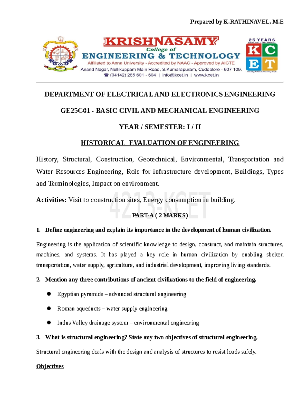 GE25C01 Basic Civil and Mechanical Engineering: Unit 1 & 2 Notes - Studocu
