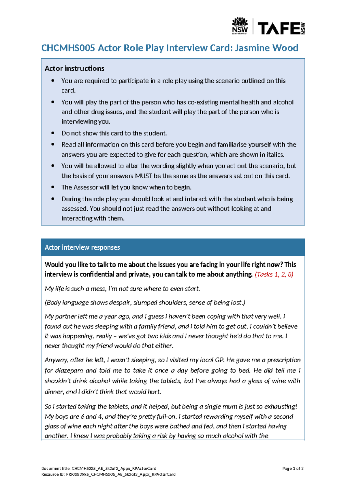 CHCMHS005 Final Exam Actor Role Play Interview Card: Jasmine Wood - Studocu