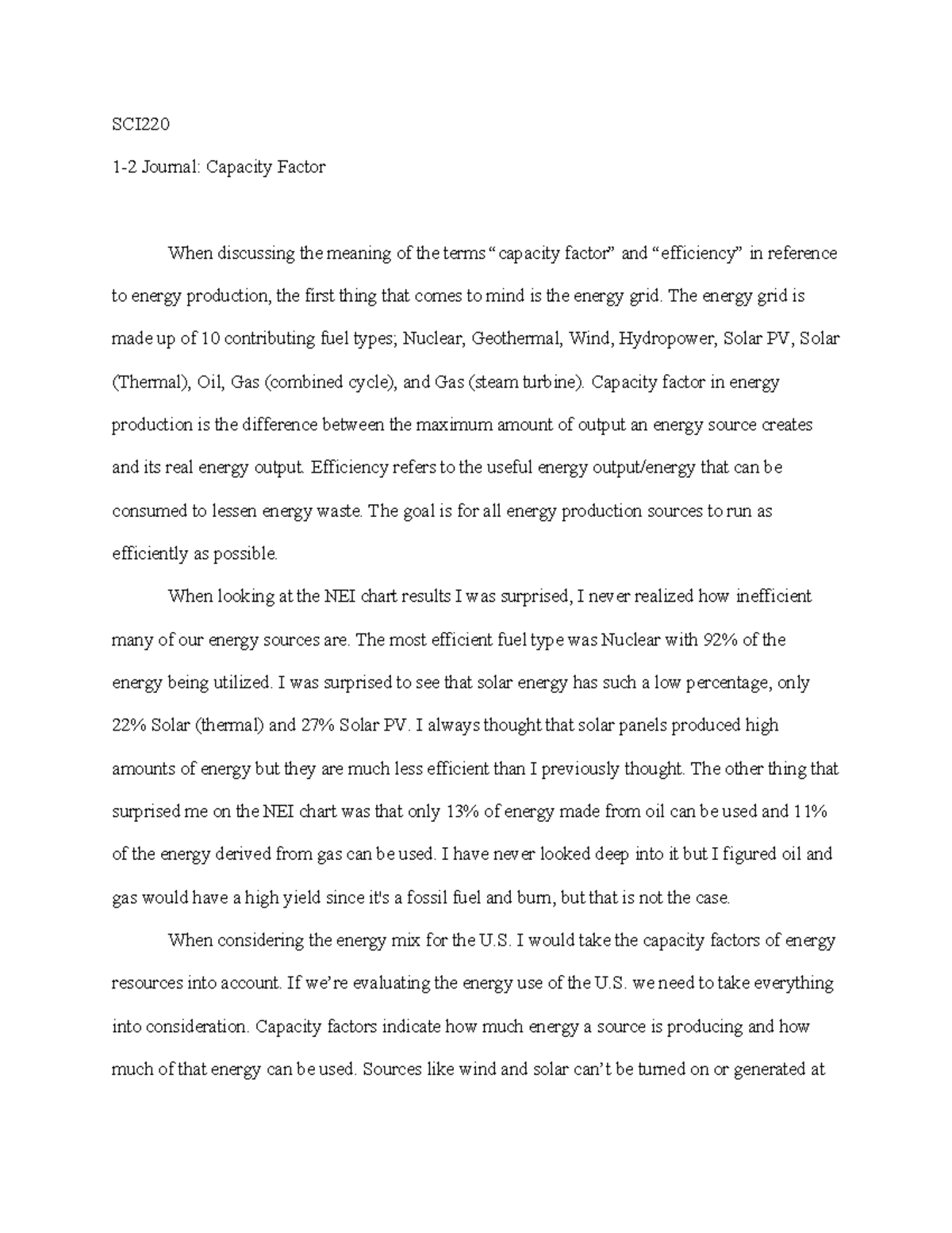 SCI220- 1-2 Journal: Understanding Capacity Factor & Efficiency in ...