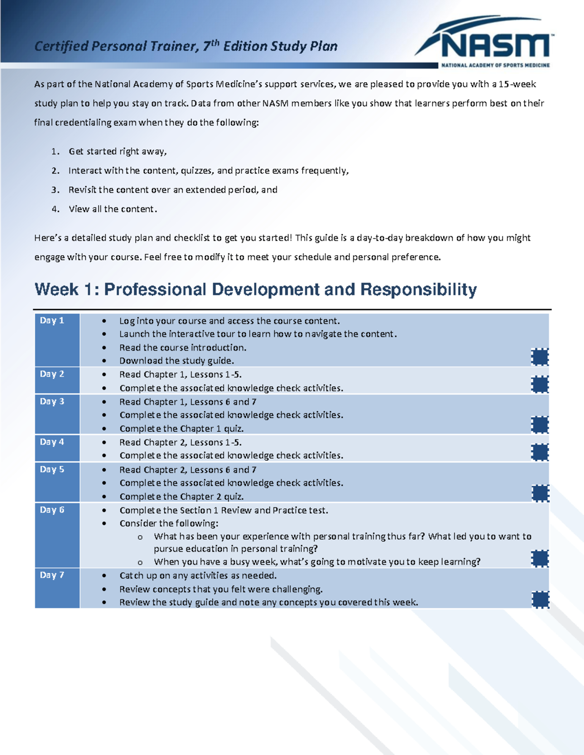 NASM CPT7 Final Exam Study Schedule and Checklist - Studocu