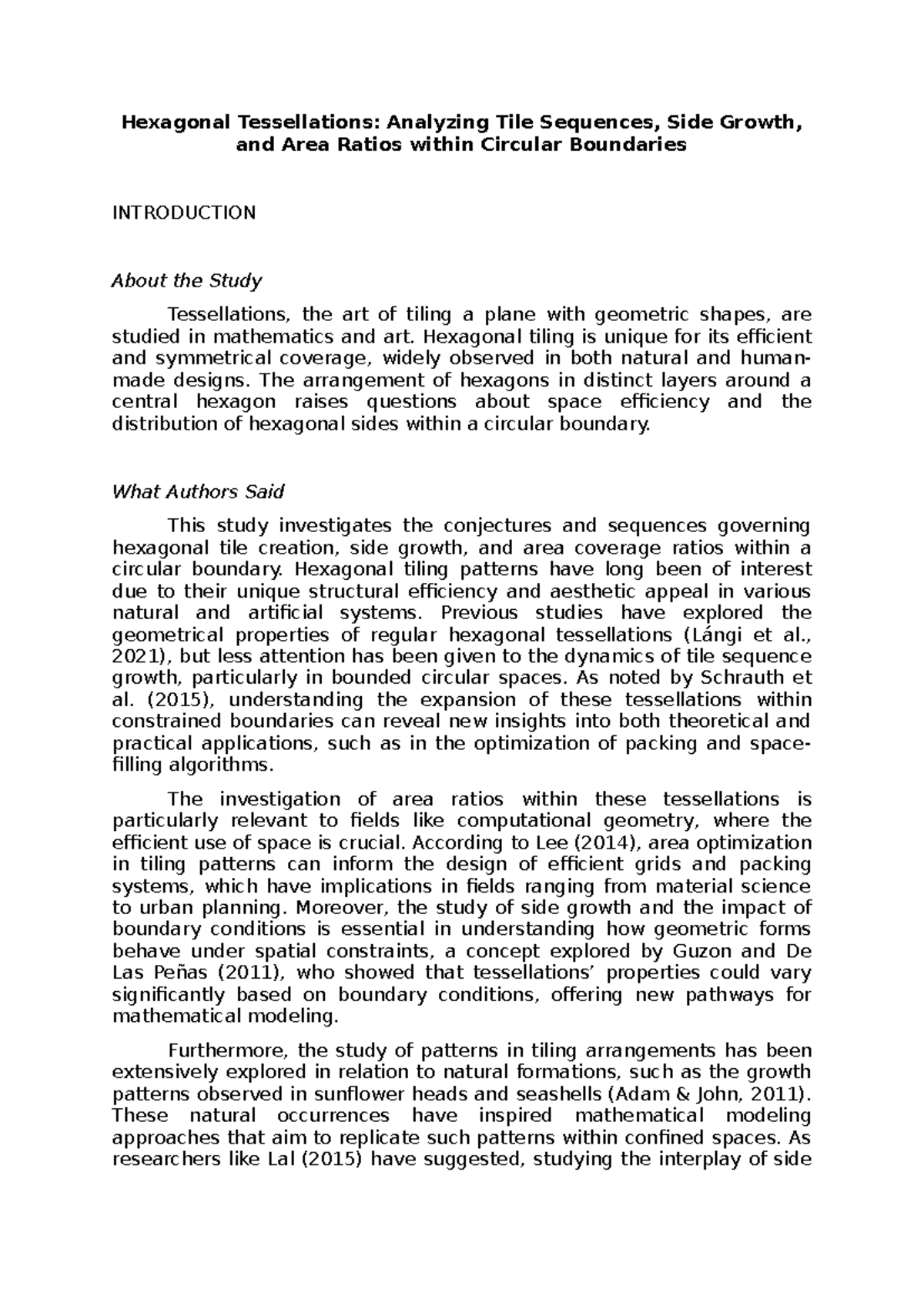 MATH Investigation Drpentry 01: Hexagonal Tessellations & Area Ratios ...