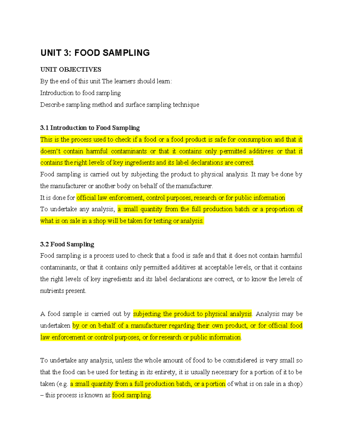 UNIT 3 Food Sampling Techniques And Objectives Notes Studocu