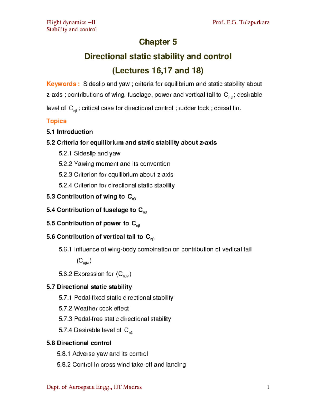 023 Chapter 5 L16 - Stability and control Chapter 5 Directional static stability and control ...