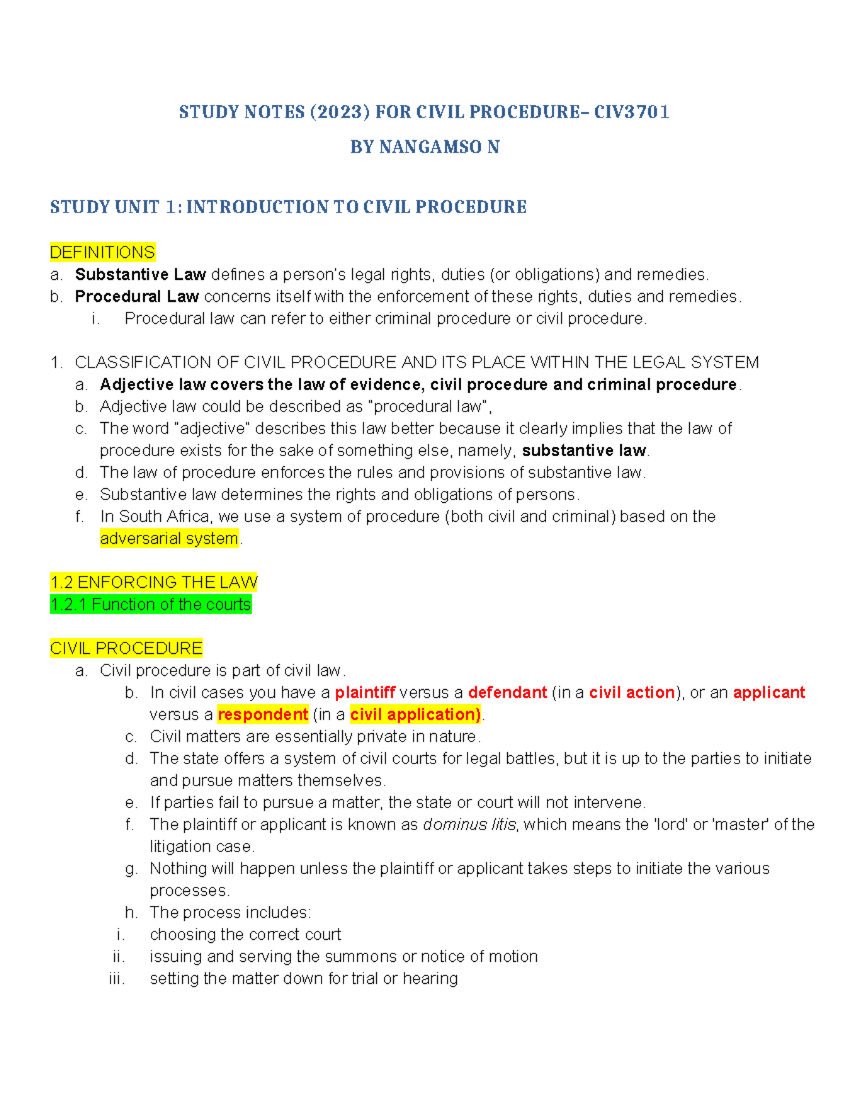 CIV3701 Civil Procedure Study Notes (2023) by Nangamso N - Studocu
