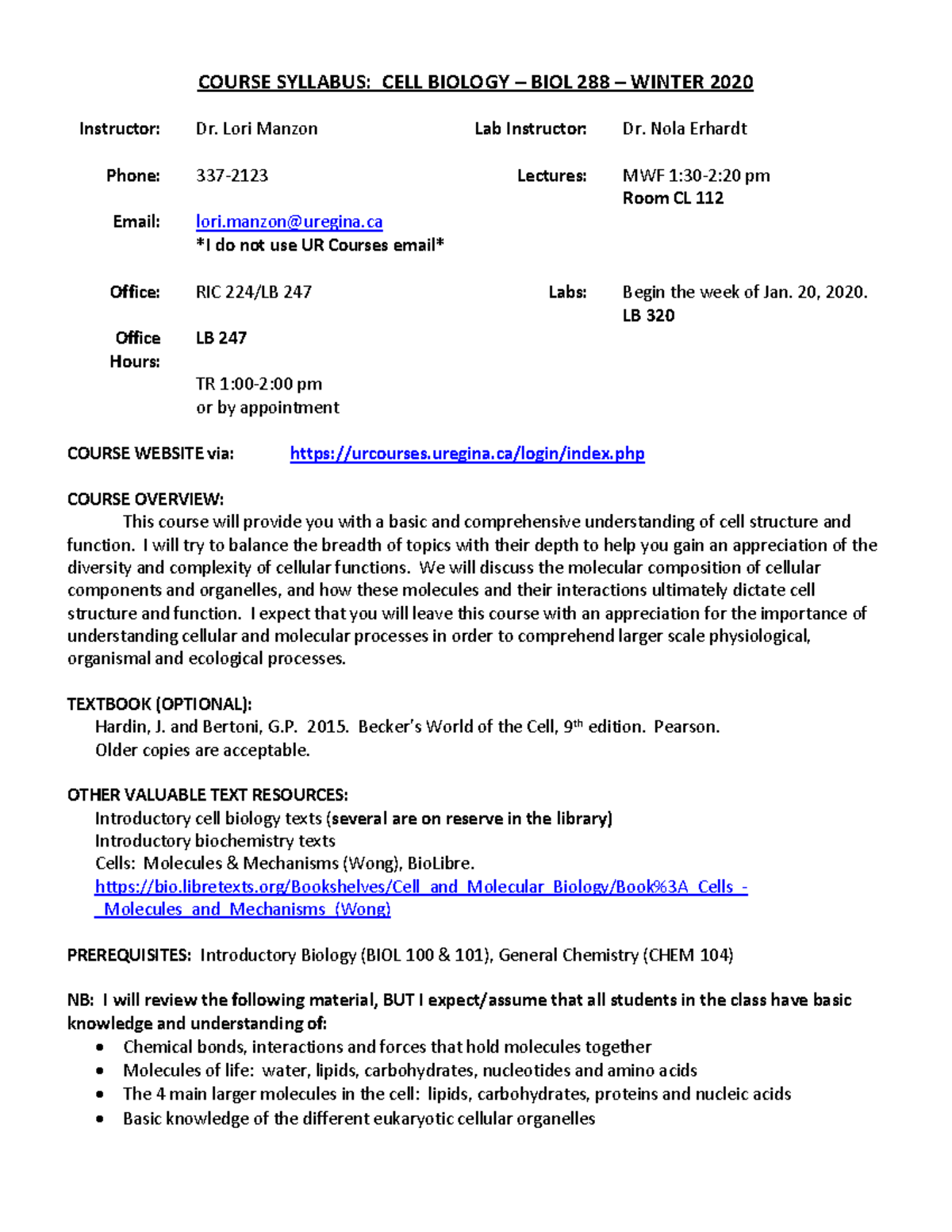 BIOL 288 Course Syllabus: Cell Biology Overview - Winter 2020 - Studocu