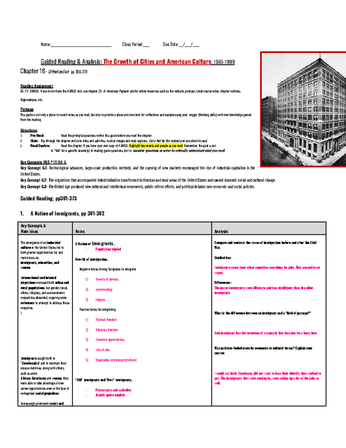 Guided Reading Analysis: Urbanization & American Culture (Ch. 18) - Studocu