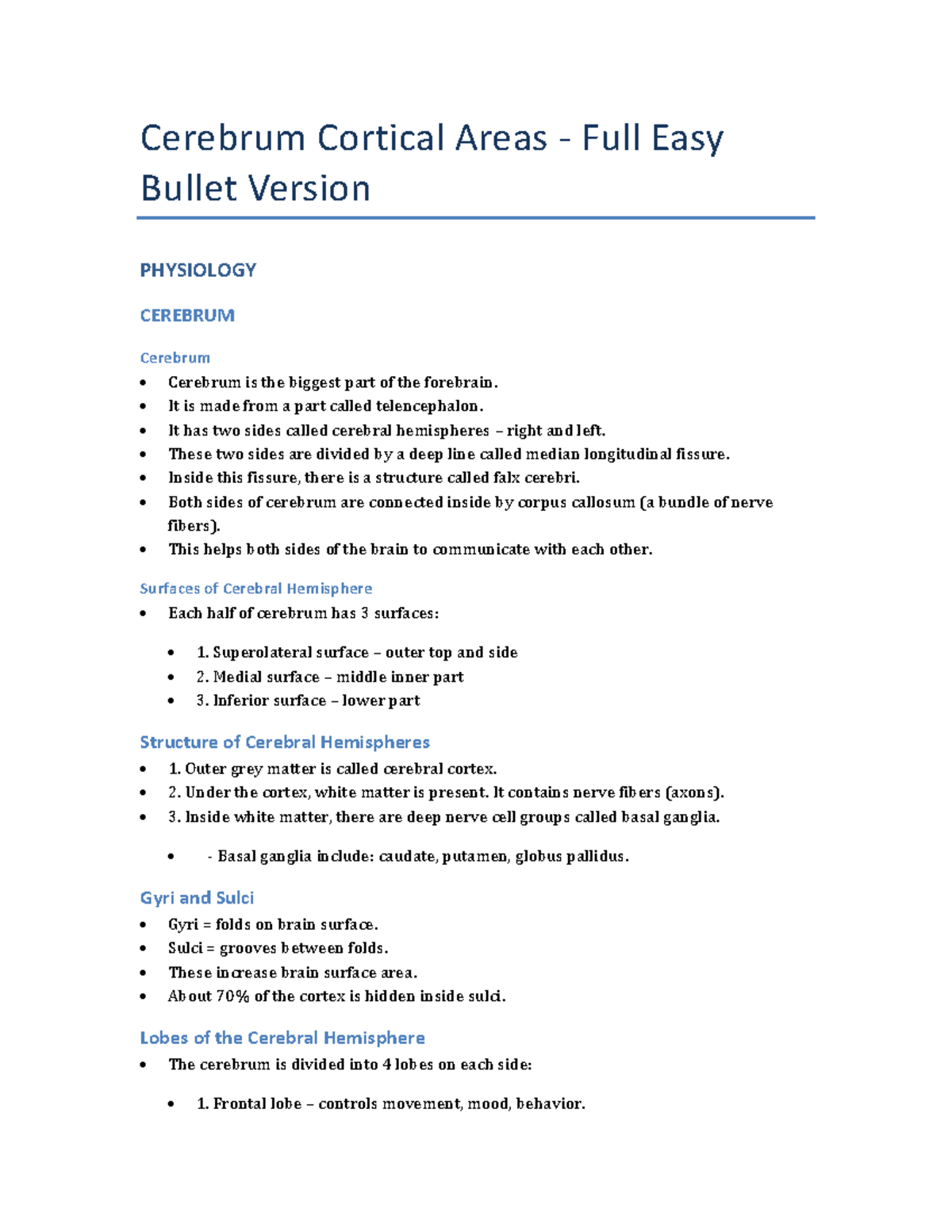 CEREBRUM Cortical Areas Overview - Easy Bullet Points (PHYSIOLOGY ...