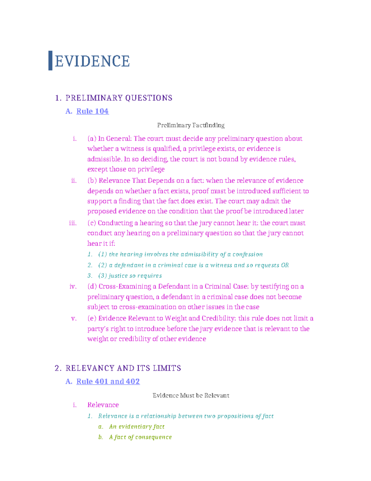 Evidence Outline - Law 101 - Professor Cammack - Studocu