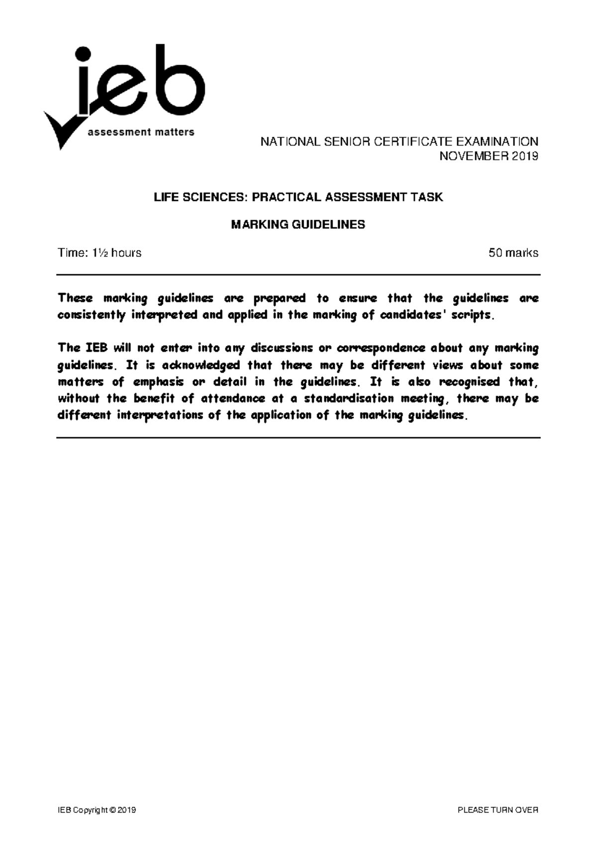 IEB Life Sciences 2019 PAT Practical Assessment Guidelines - Studocu