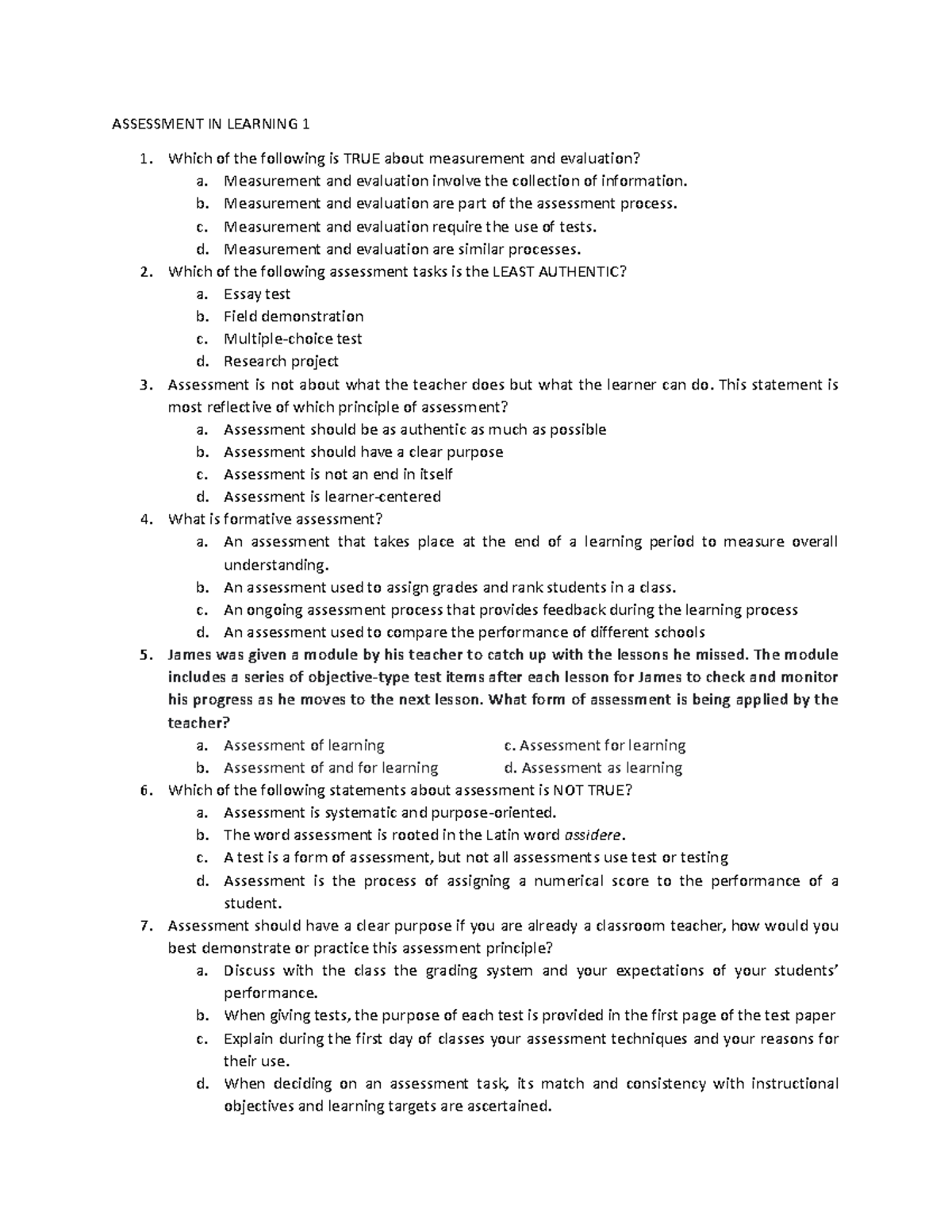 Assessment in Learning 1: Midterm Exam Study Guide and Questions - Studocu