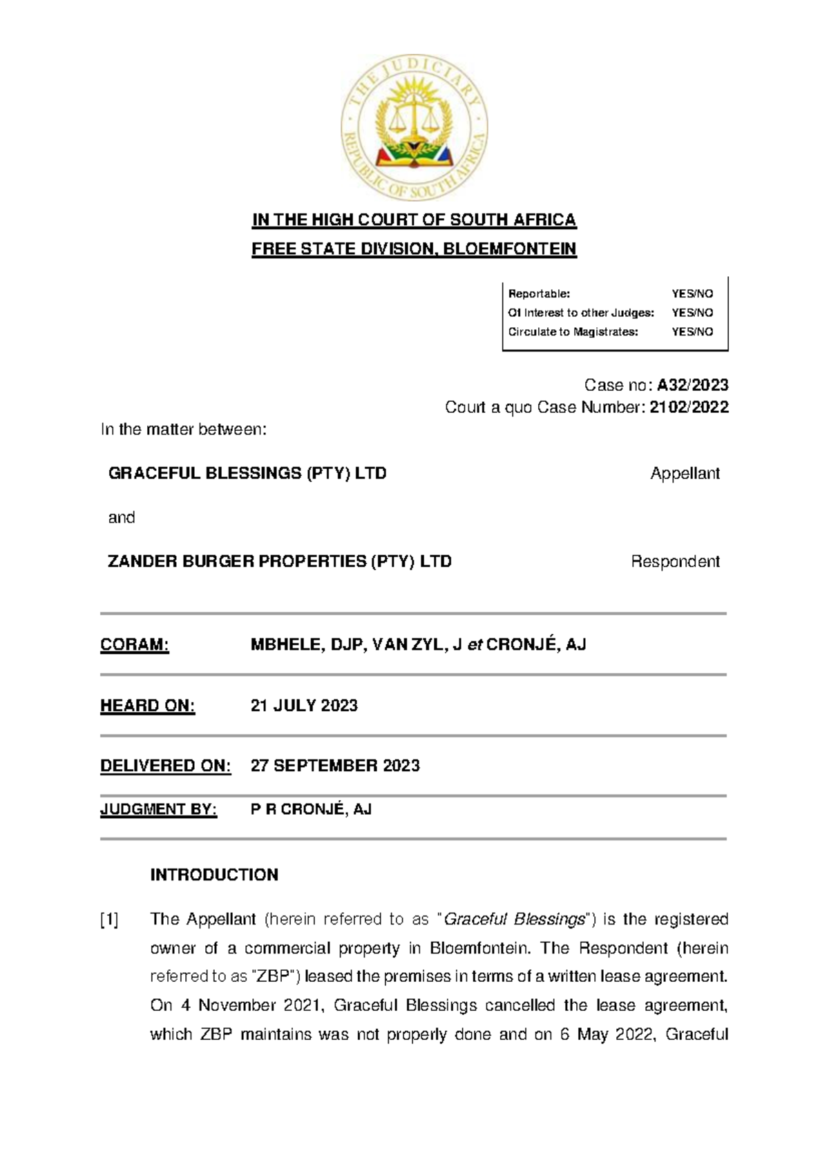 Graceful Blessings (Pty) Ltd v Zander Burger Properties (Pty) Ltd: Case ...