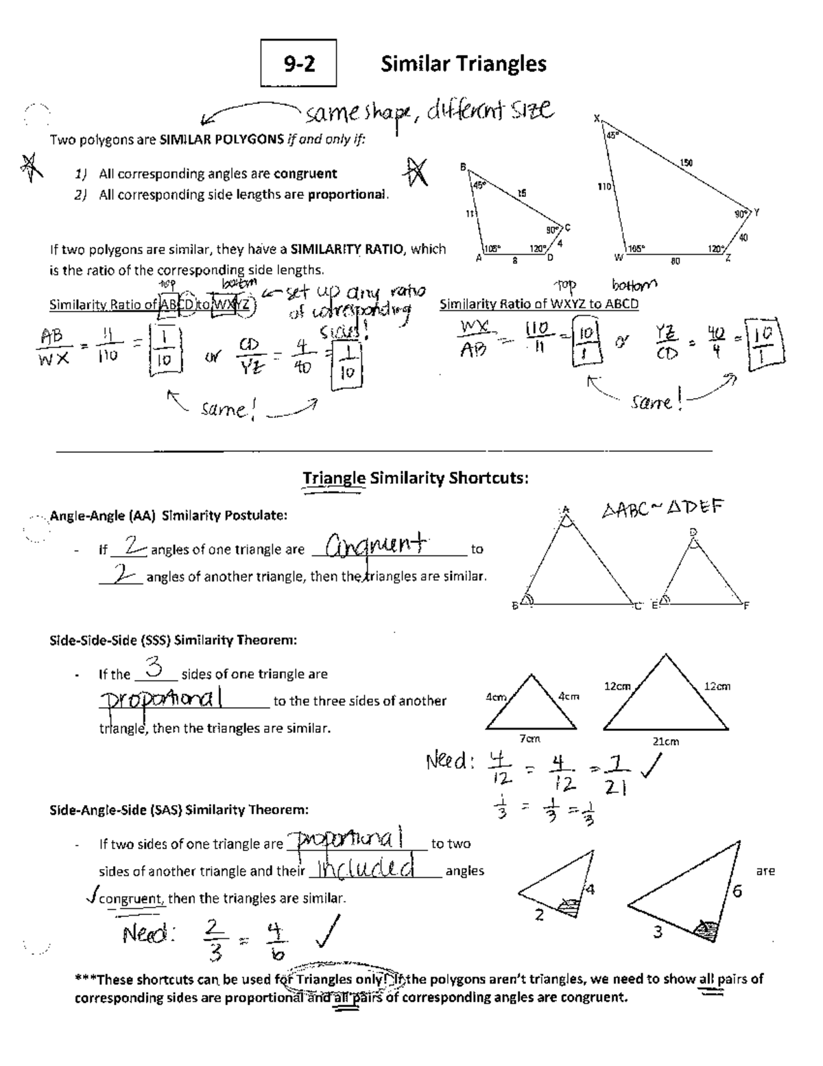 9-2 Similar Triangles: Notes, Key, and Practice Problems - Studocu