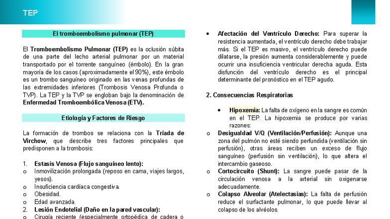 TEP: Estudio Completo sobre el Tromboembolismo Pulmonar - Studocu