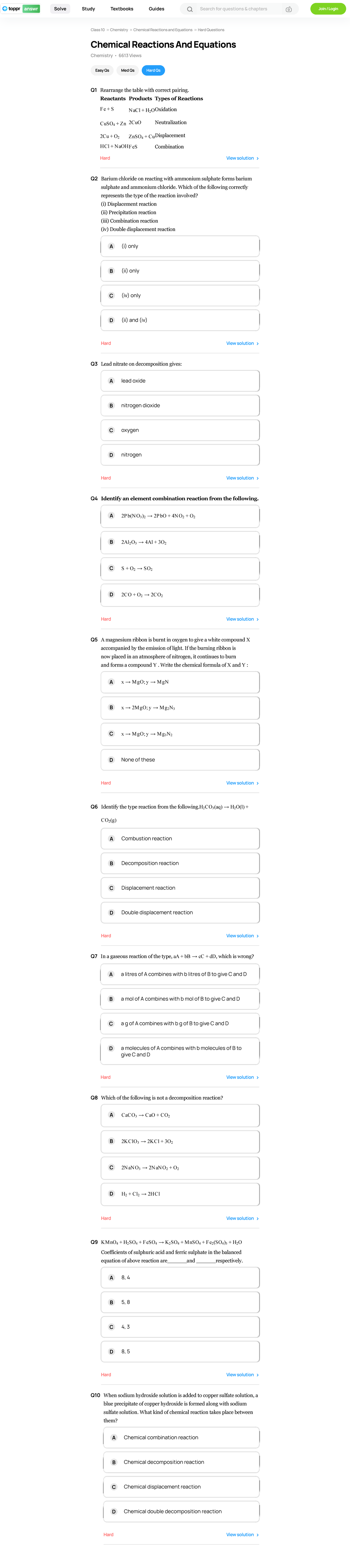 Class 10 Chemistry: Essential Questions on Chemical Reactions ...