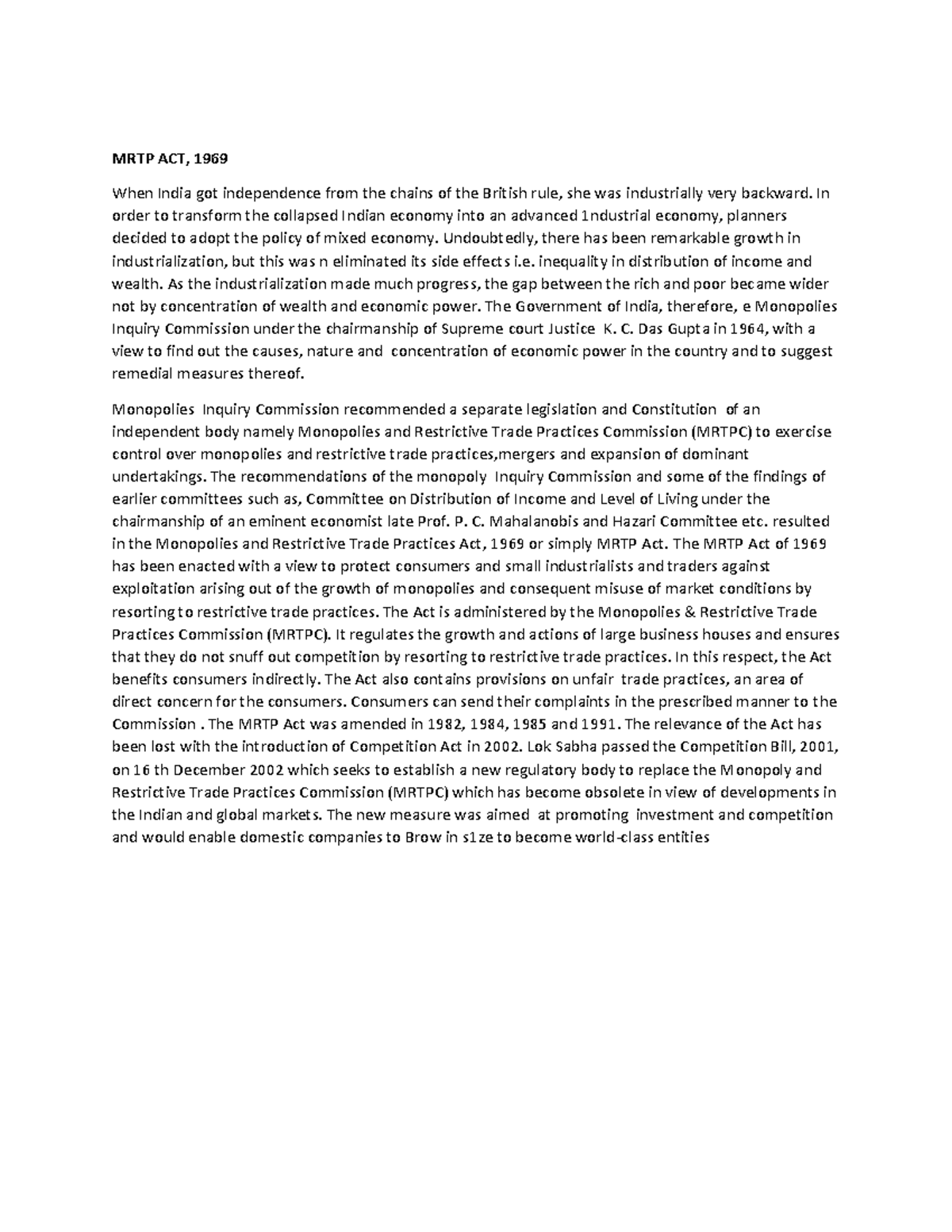 MRTP ACT, 1969 - Notes - MRTP ACT, 1969 When India got independence ...