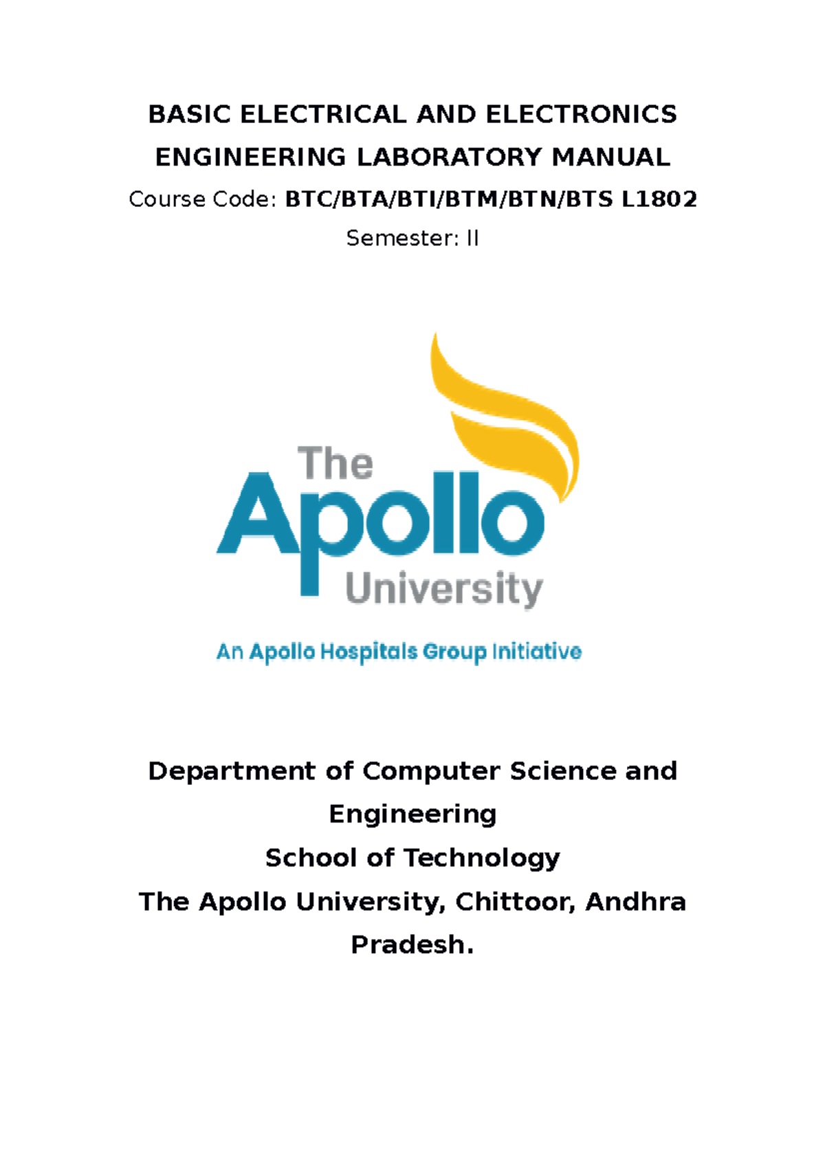 BEEE LAB Manual - BASIC ELECTRICAL AND ELECTRONICS ENGINEERING LABORATORY MANUAL Course Code ...